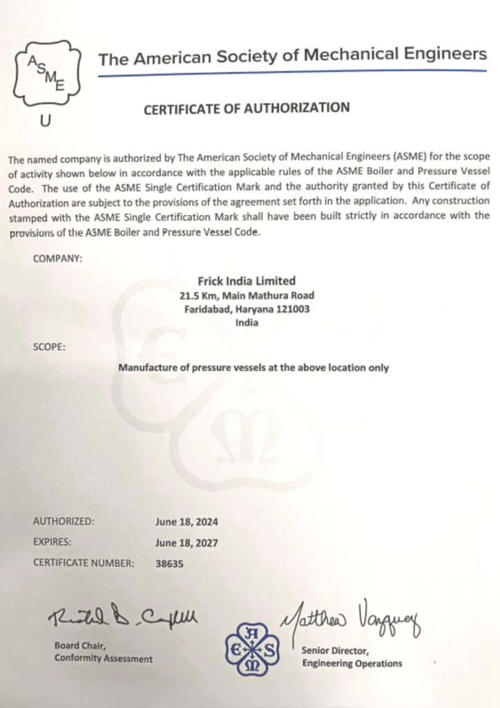 ASME U stamp - Frick India Limited